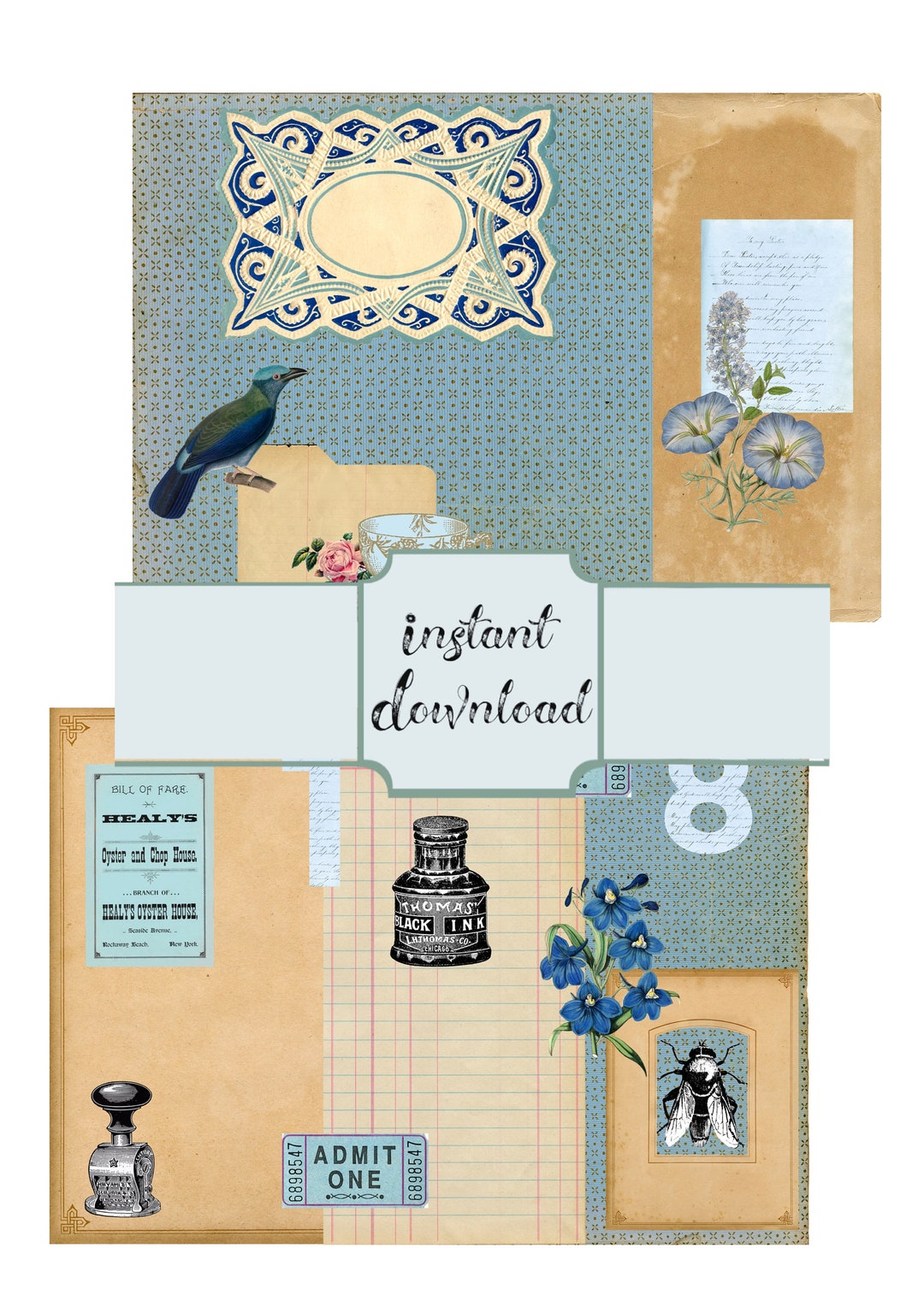 Blue Collage Printable Pack, Ephemera Scrapbook Paper Set, Digi Kit ...
