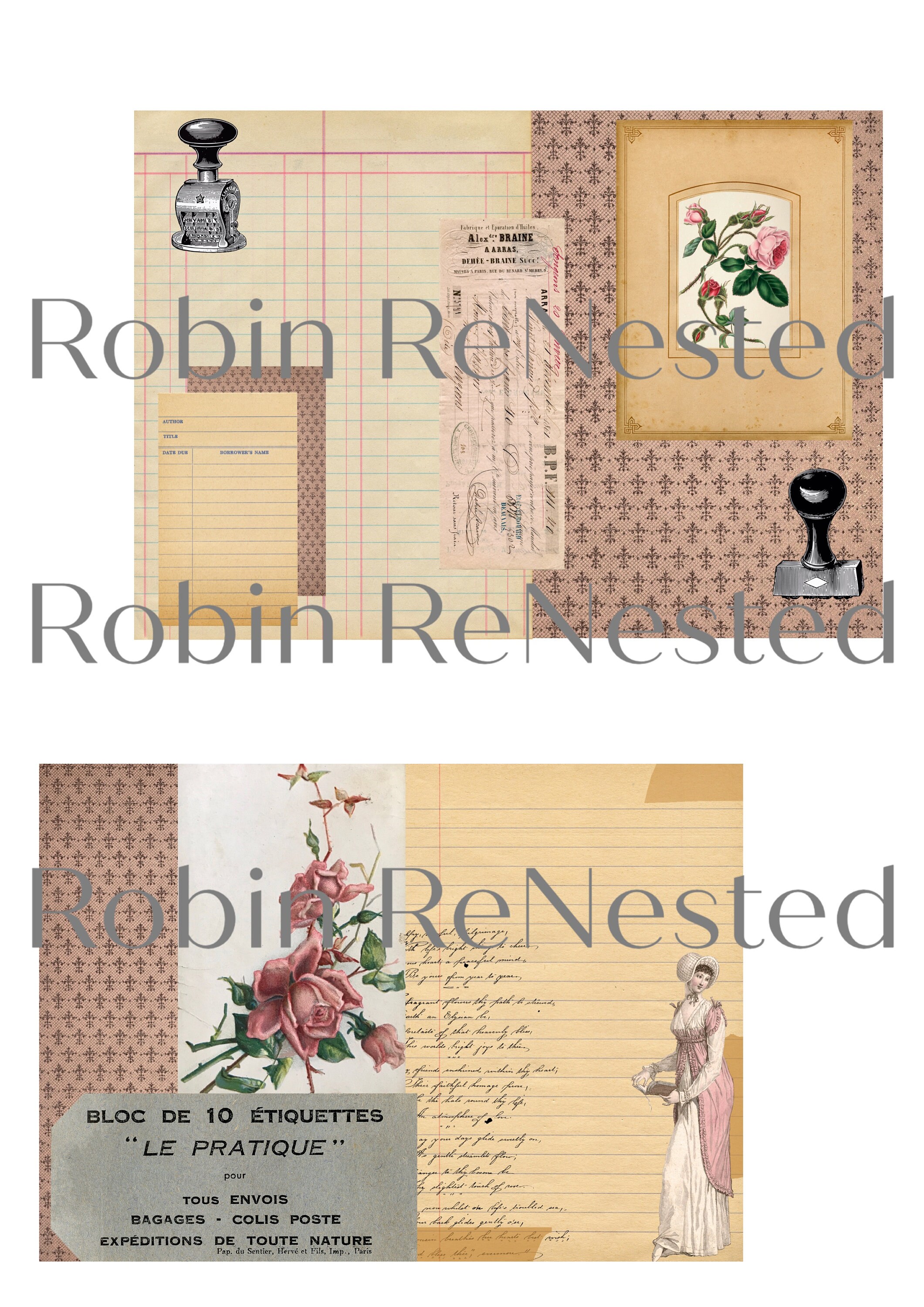 Pink Background Ephemera, Collage Printable Pack, Scrapbook Paper Set ...