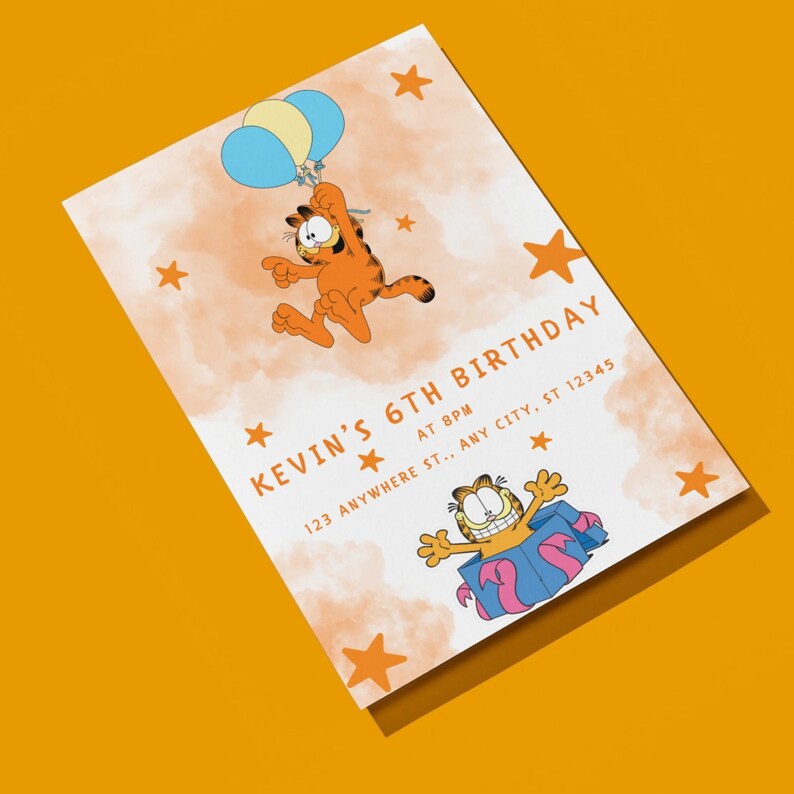Editable Garfield Themed 6th Birthday Invitation, Orange Stars and ...