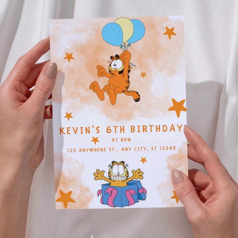 Editable Garfield Themed 6th Birthday Invitation, Orange Stars and ...