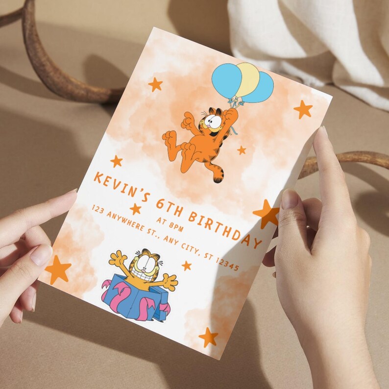 Editable Garfield Themed 6th Birthday Invitation, Orange Stars and ...
