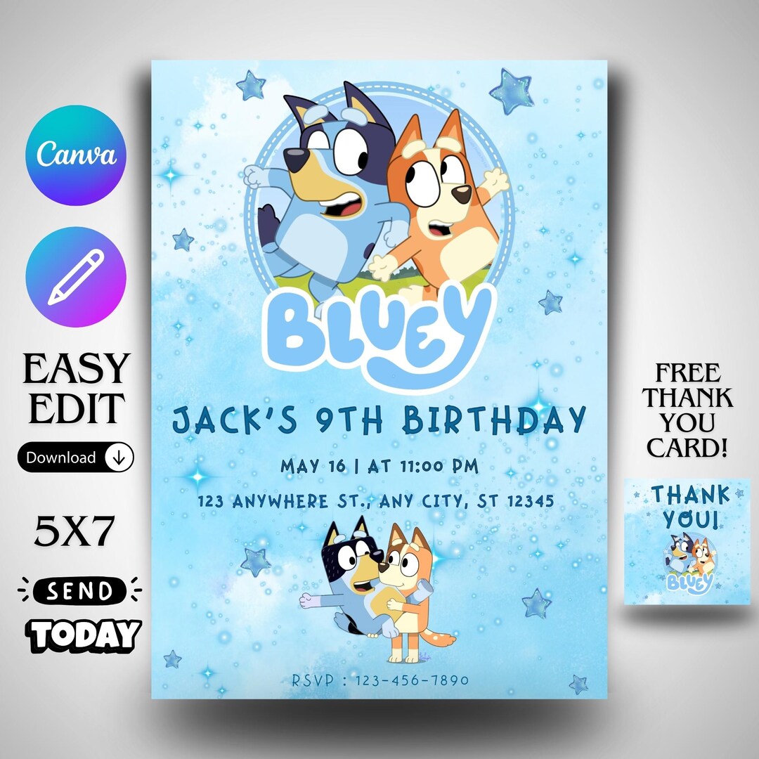 Bluey Birthday Invitation for Kids, Cartoon Themed Party Card With ...