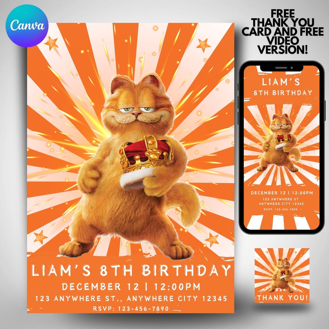 Printable Garfield Birthday Invitation, Garfield Themed Party Card ...