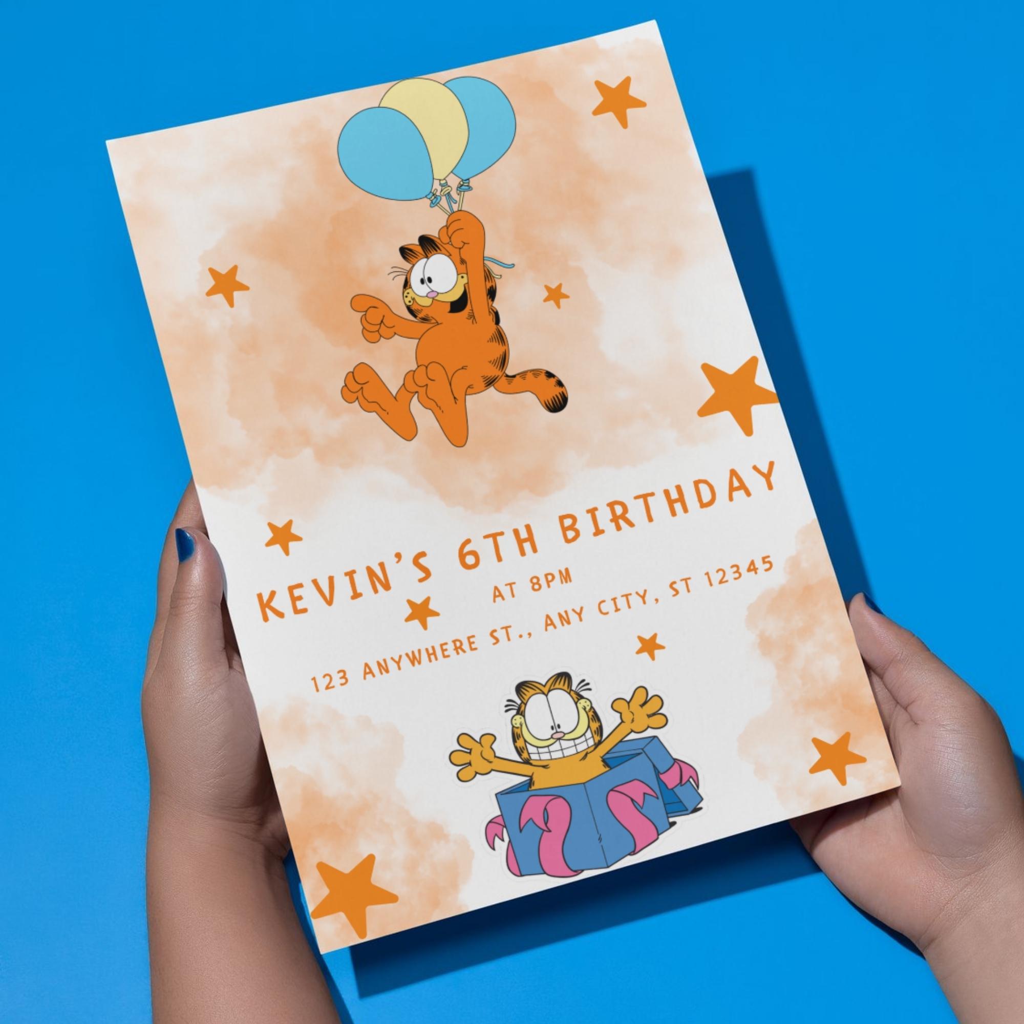 Editable Garfield Themed 6th Birthday Invitation, Orange Stars and ...