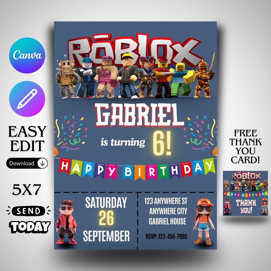 Editable Roblox Birthday Invitation for Kids, Roblox Party Invite ...