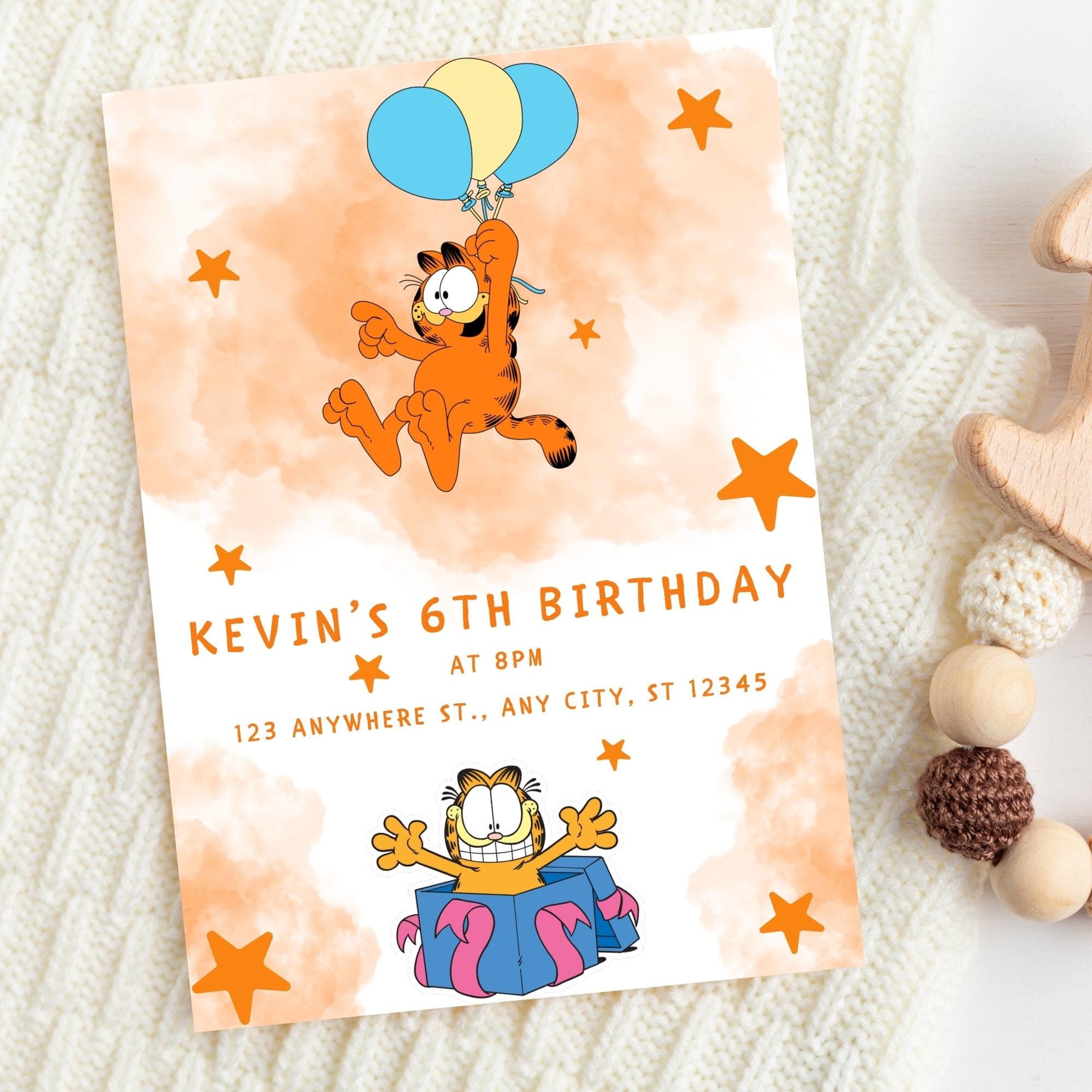 Editable Garfield Themed 6th Birthday Invitation, Orange Stars and ...