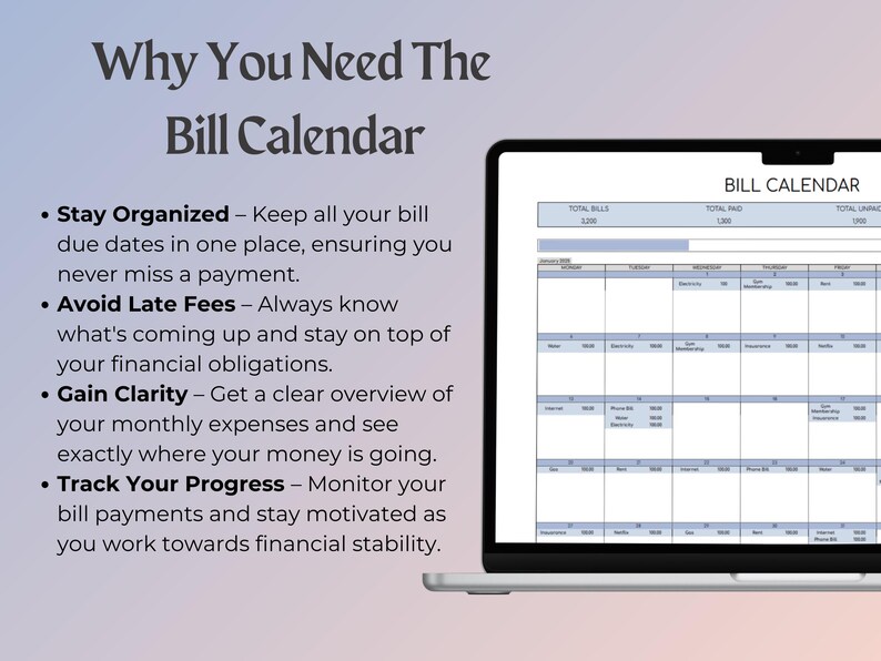 Bill Calendar Monthly I Smart Bill Planner I Bill Payment Dashboard I ...