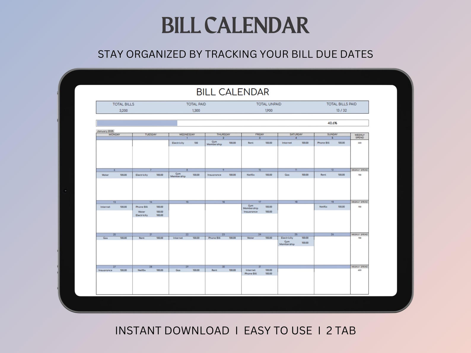 Bill Calendar Monthly I Smart Bill Planner I Bill Payment Dashboard I ...
