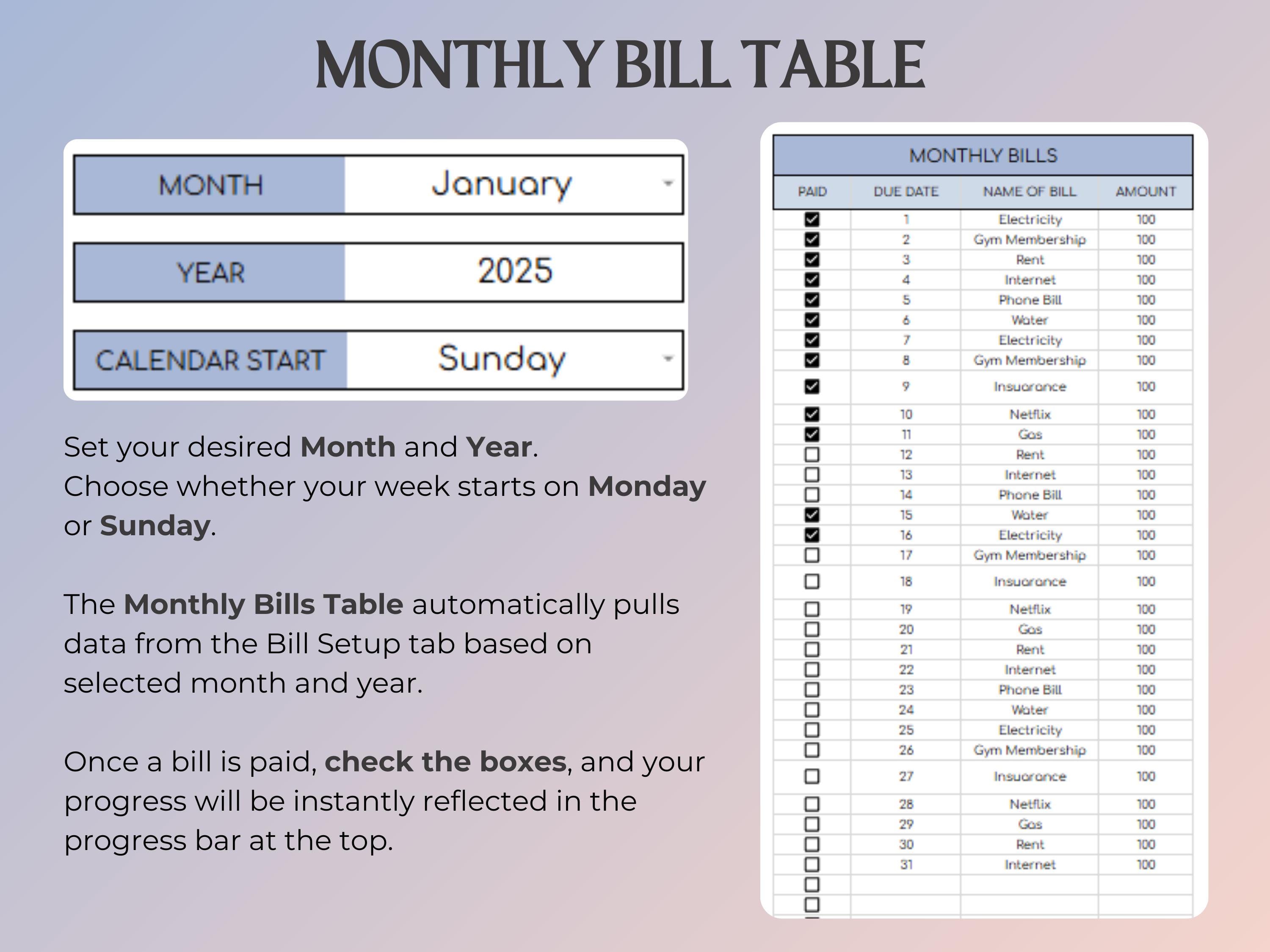 Bill Calendar Monthly I Smart Bill Planner I Bill Payment Dashboard I ...