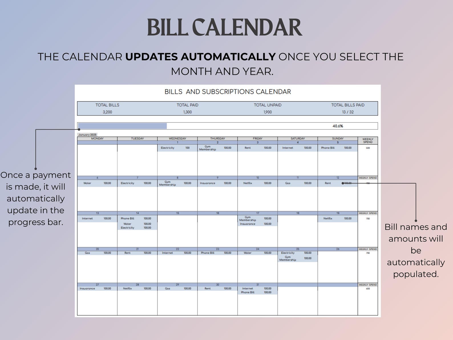 Bill Calendar Monthly I Smart Bill Planner I Bill Payment Dashboard I ...