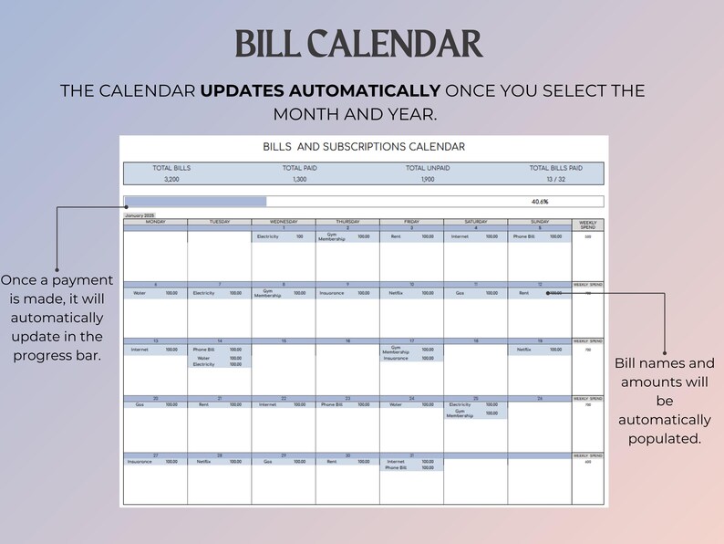 Bill Calendar Monthly I Smart Bill Planner I Bill Payment Dashboard I ...