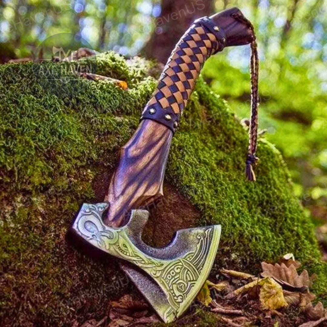 Custom Forged Carbon Steel Viking Axe: Rosewood Shaft, Leather Sheath ...