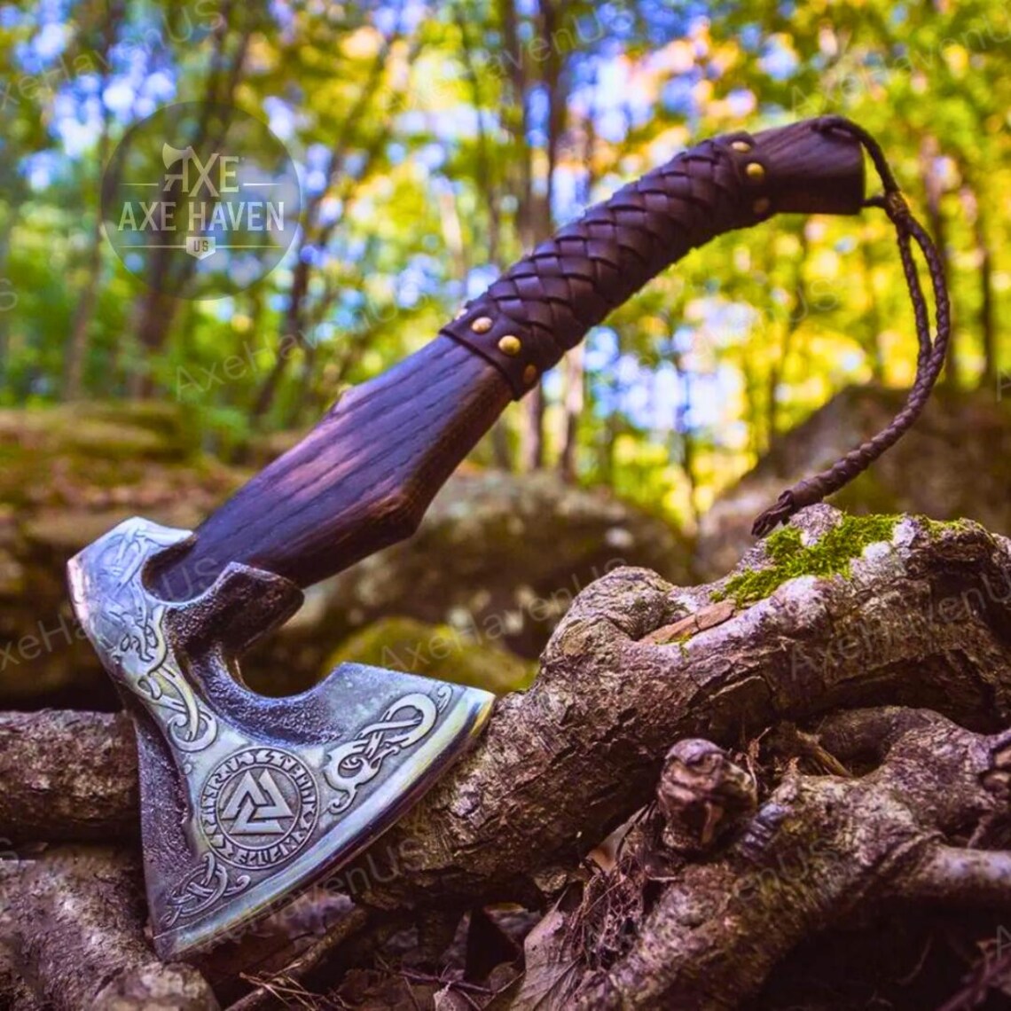 Custom Forged Carbon Steel Viking Axe: Rosewood Shaft, Leather Sheath ...