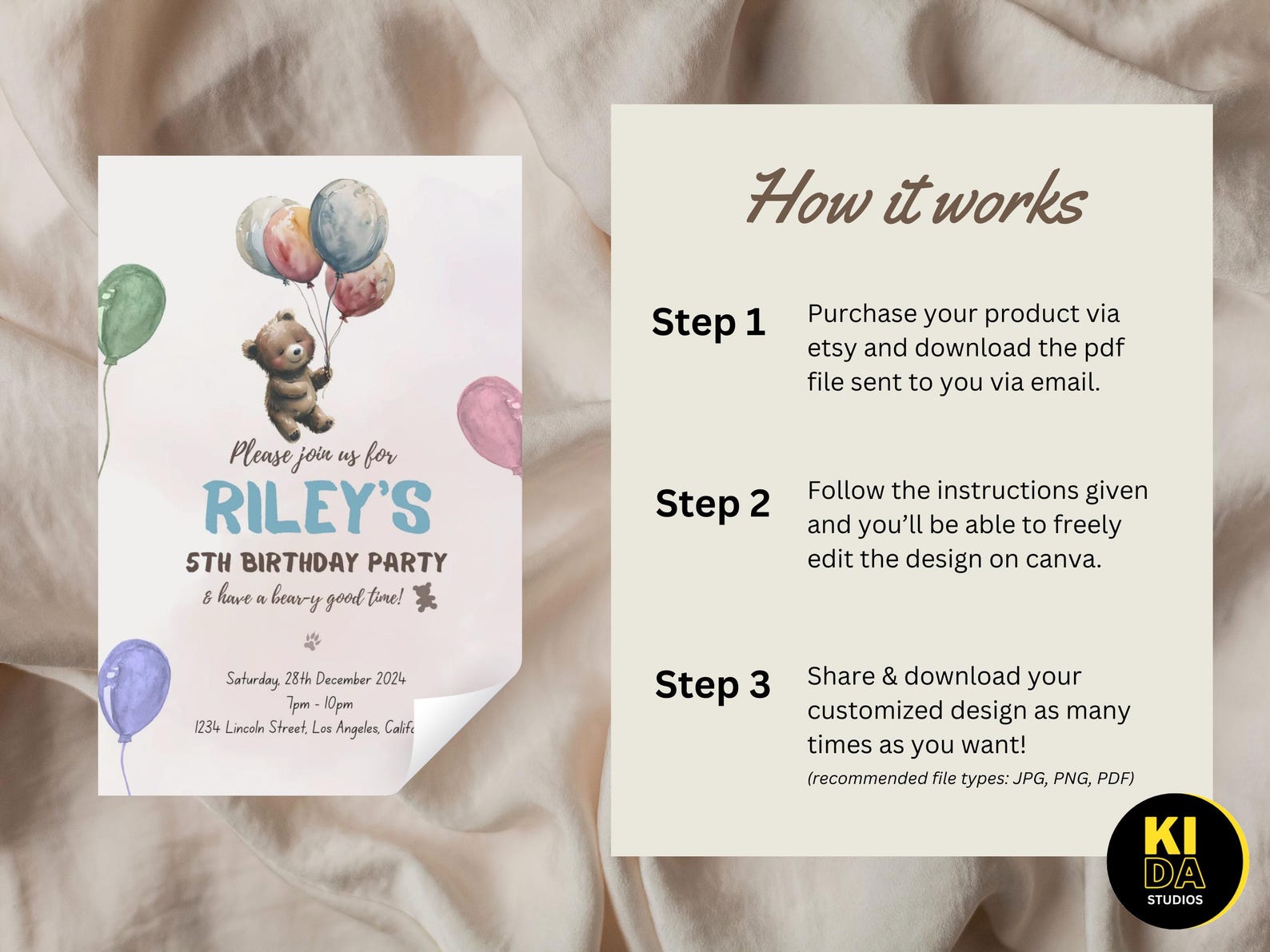 Children Party Invitation Card, Bear Birthday Cute Invite, Digital ...