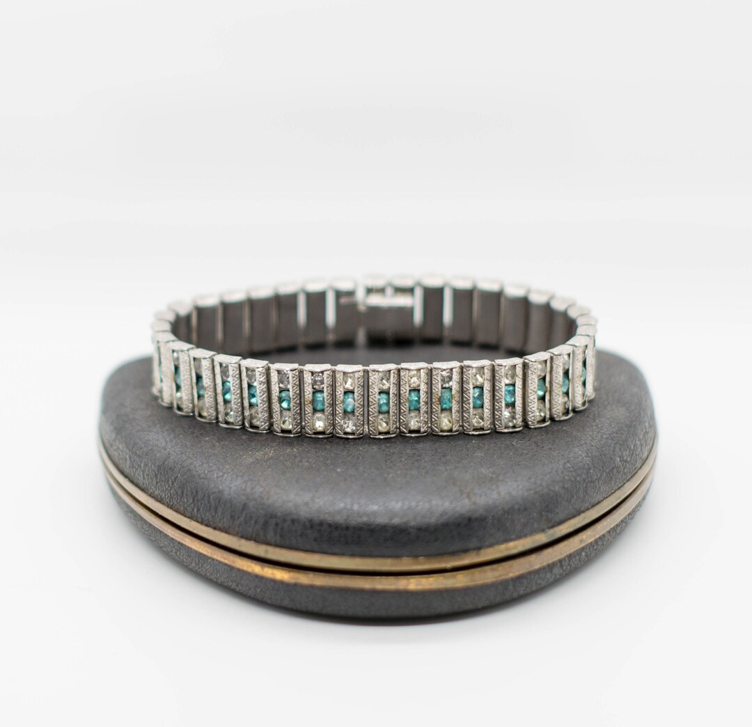 Vintage Retro Sparkling Art Deco Rhinestone Bracelet Silver Aqua ...