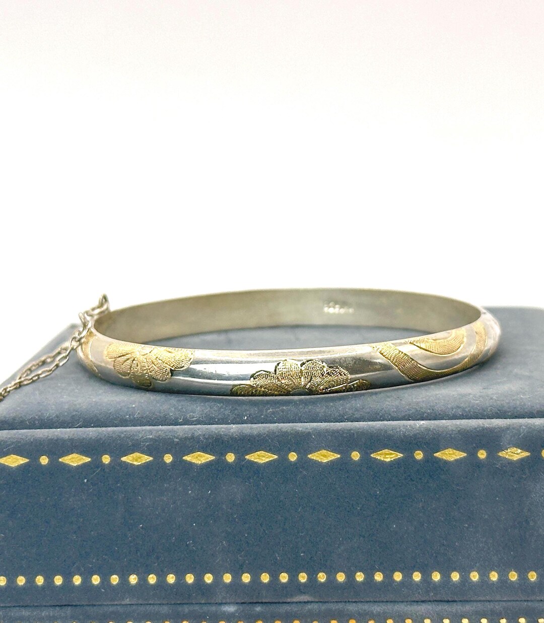 Vintage Sterling and Gold Vermeil Bangle | Two Tone Floral Silver ...