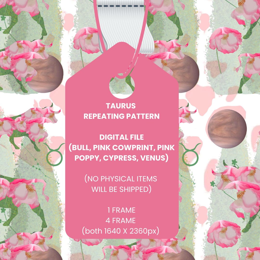 Taurus Seamless Pattern Pink Bull With Poppies & Cypress Trees, Venus ...