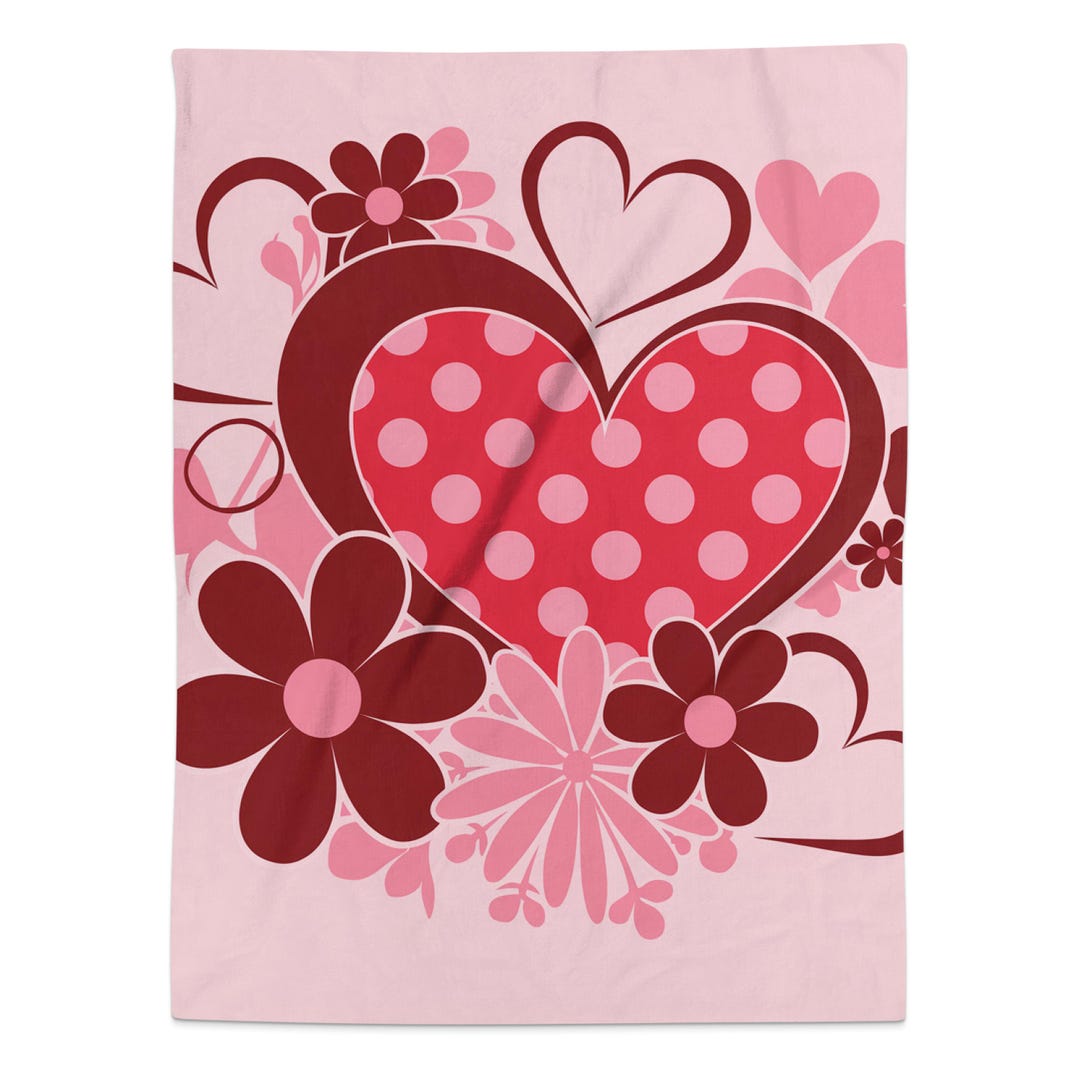 Cute Pink Heart and Floral Design Blanket, Cozy Decorative Throw ...