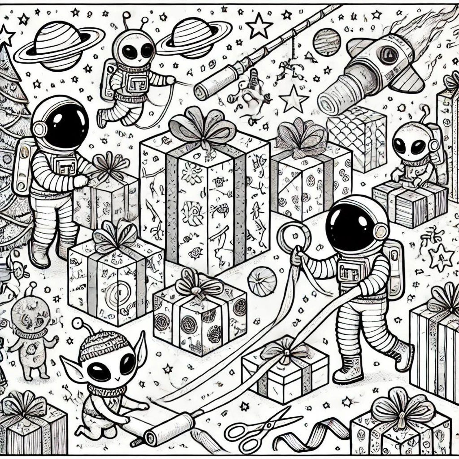Christmas in Space Coloring Page Set 4 Unique Printable Designs - Etsy