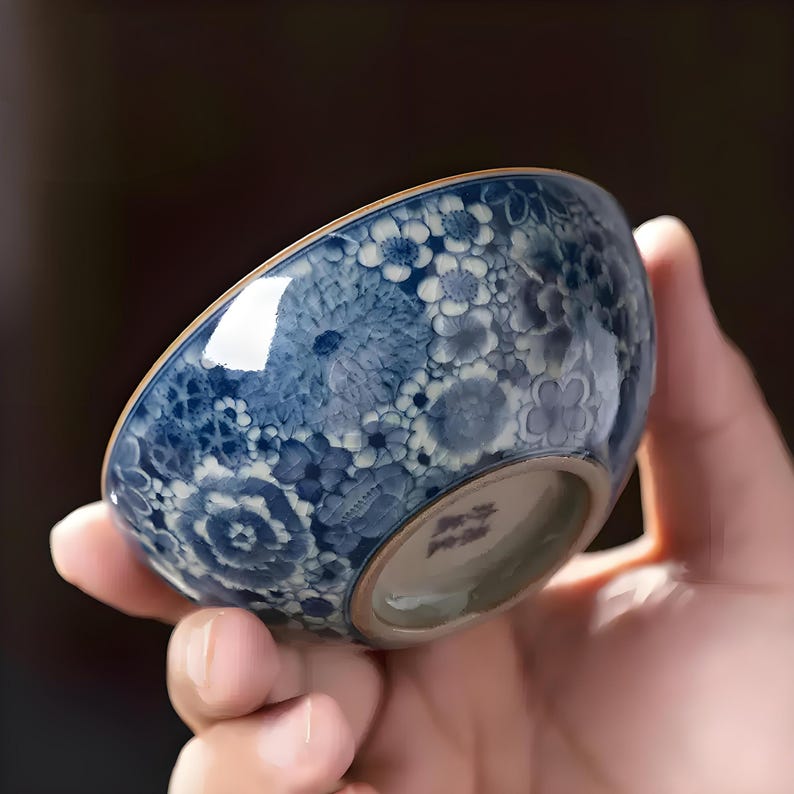 Wood-fired Hand-painted Deep Blue Ceramic Bowl With Intricate Floral ...