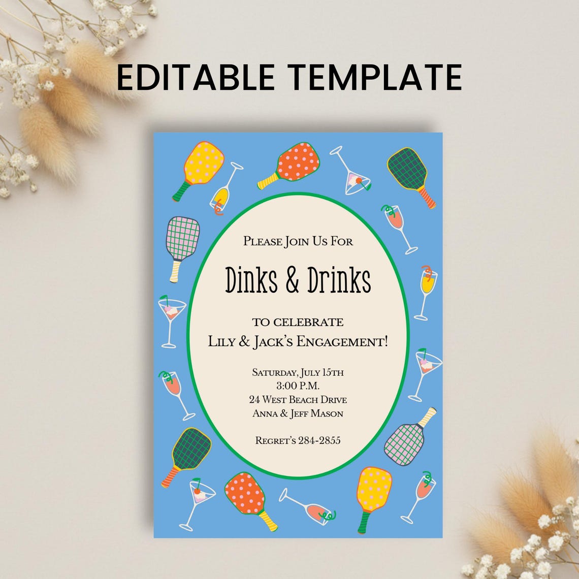 Pickleball Engagement Party Invitation Template, Dinks and Drinks ...