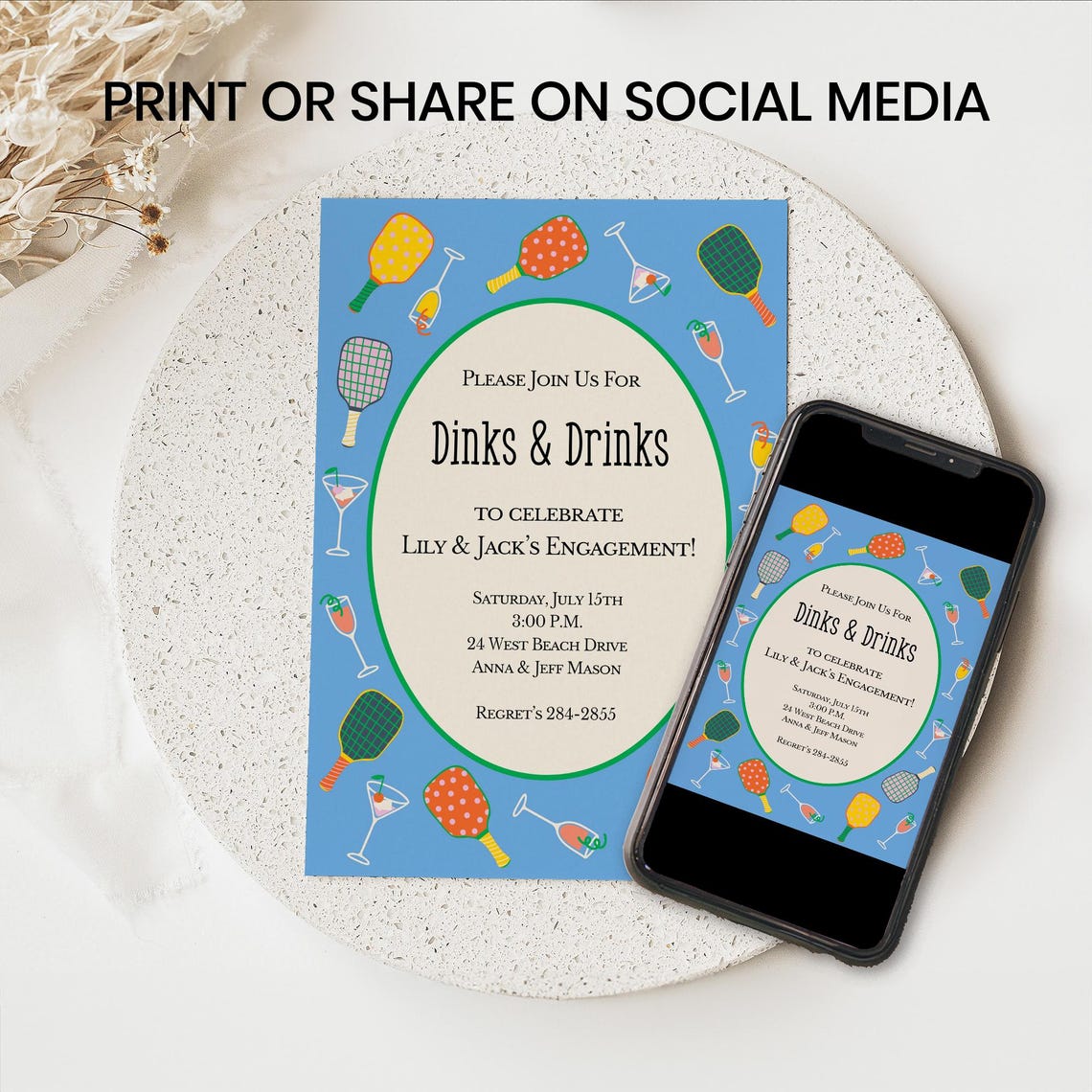 Pickleball Engagement Party Invitation Template, Dinks and Drinks ...