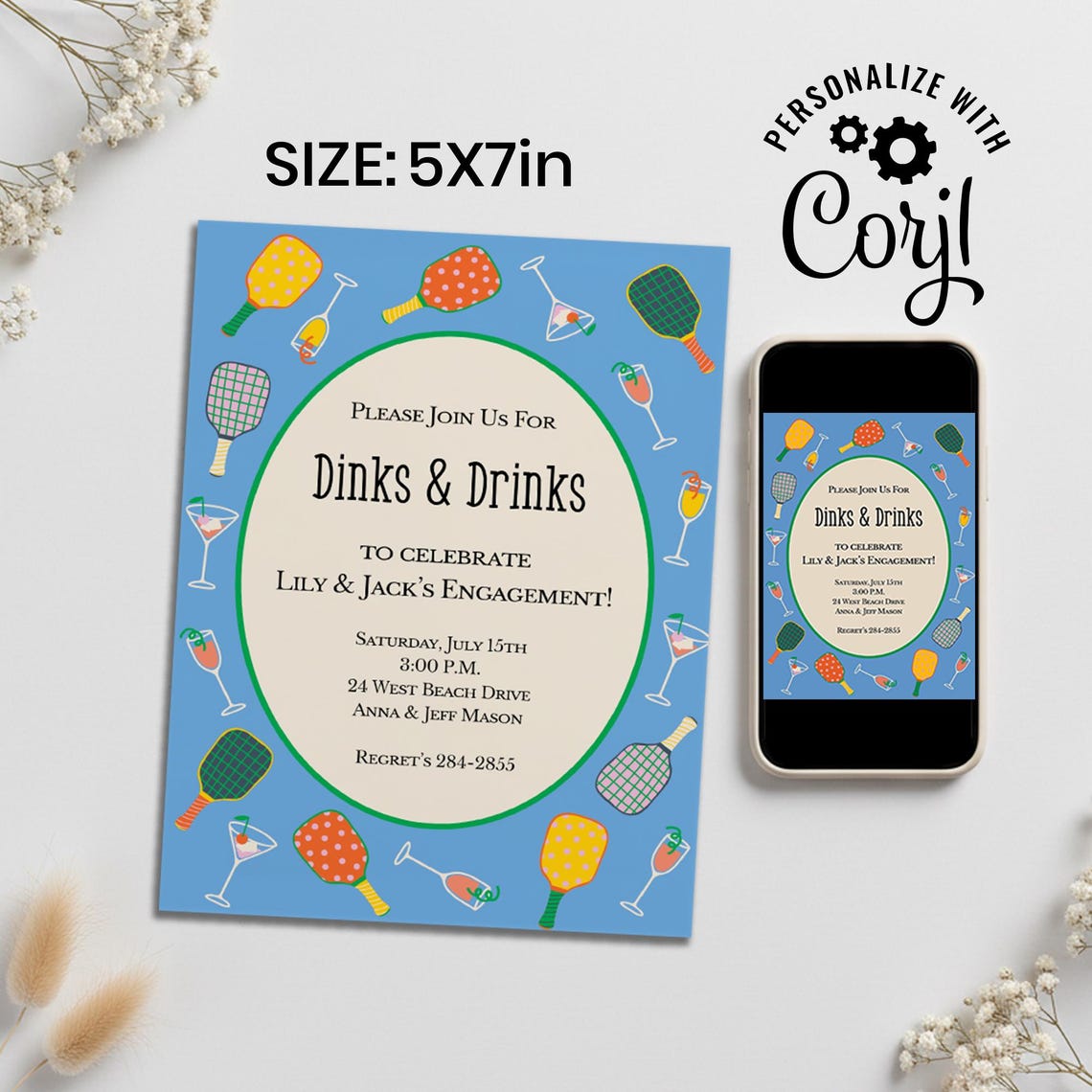 Pickleball Engagement Party Invitation Template, Dinks and Drinks ...