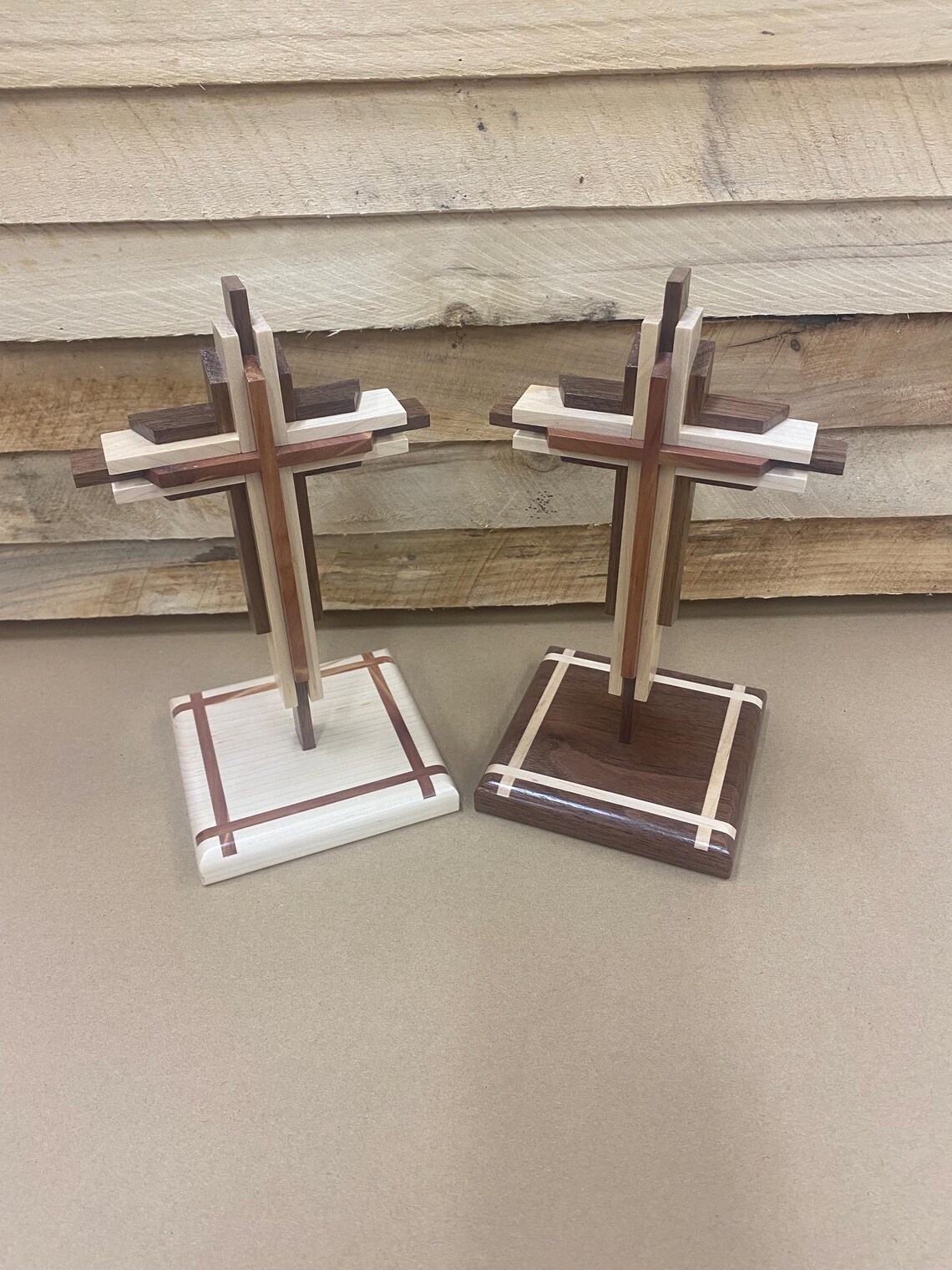10” Wood Layered Cross With Inlay Base. the Cross is Walnut, Maple, and ...