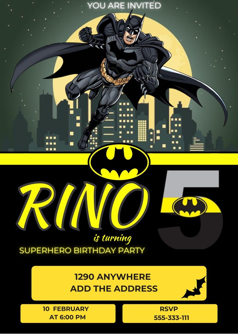 Editable Superhero Invitation, Bat Party Invite,bat Birthday Invitation ...