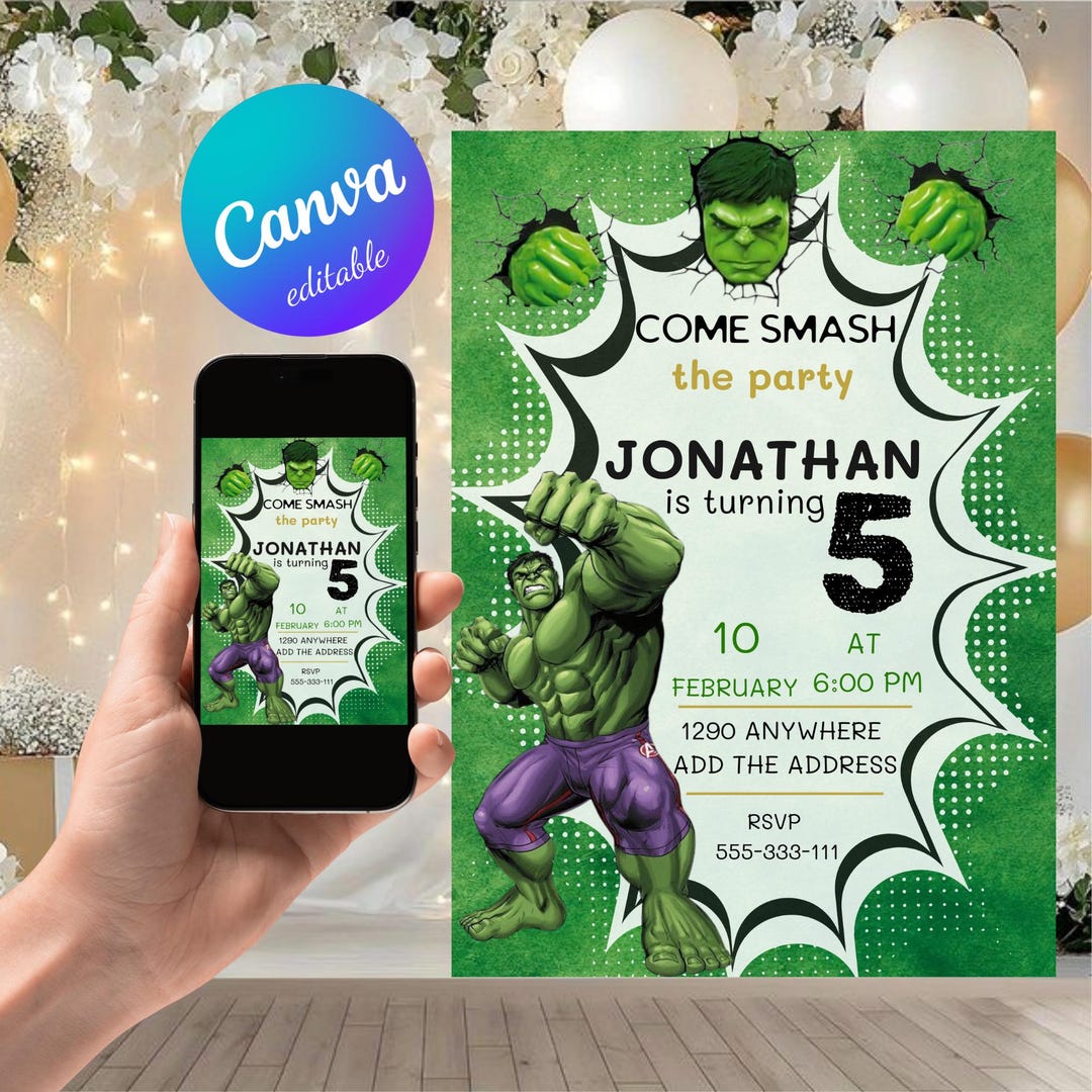 Hulk Editable Invitation, Super Heroes Birthday Invitation, the Hulk ...