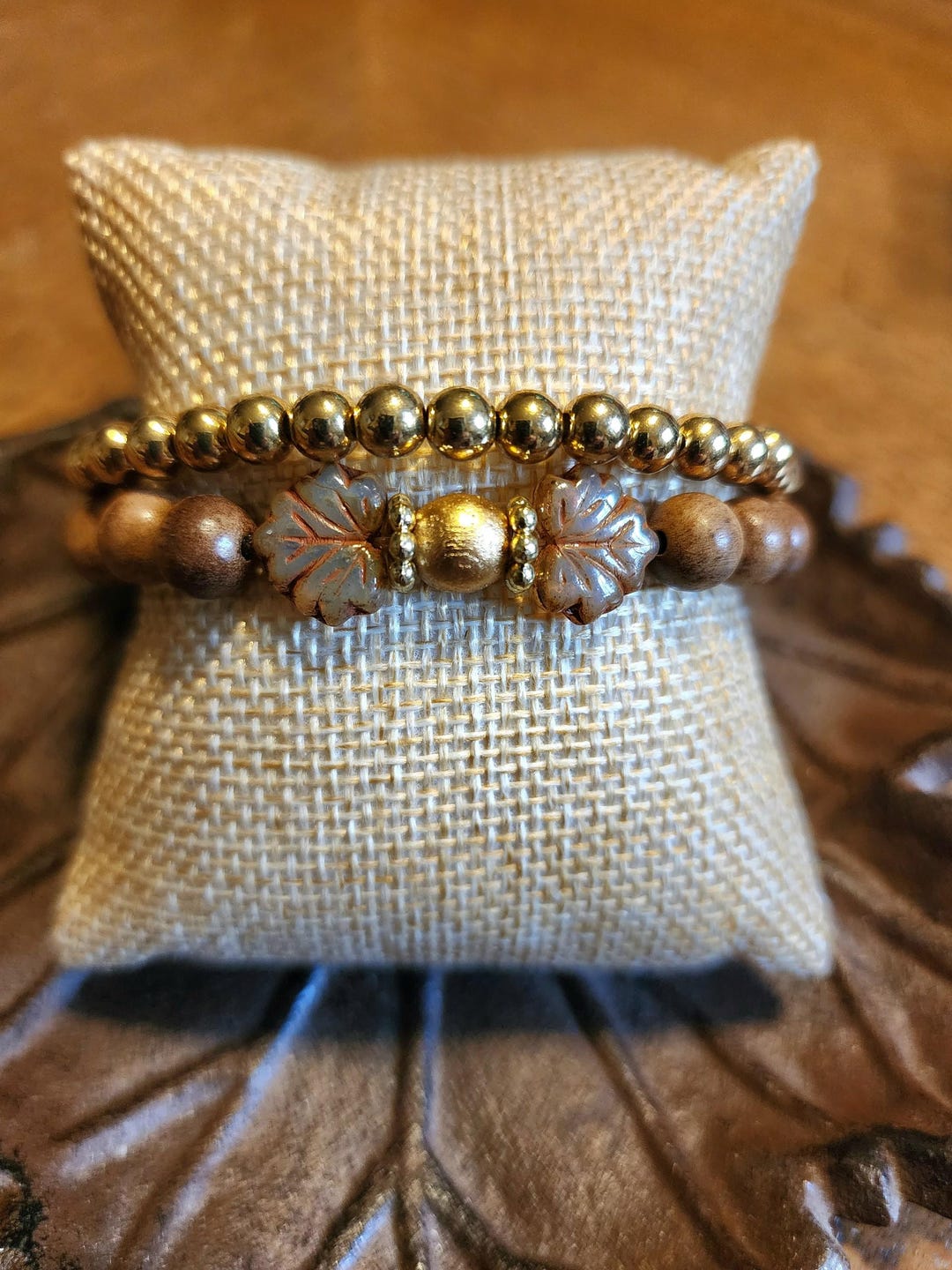 Stackable Maple Leaves Stretch Bracelet Handcrafted With Beige/red ...