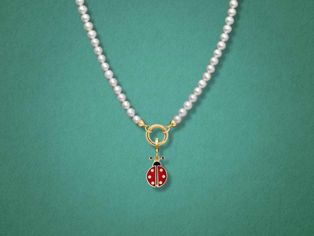 14K Solid Gold Ladybird Pearl Necklace | Enamel Ladybug Charm - Etsy