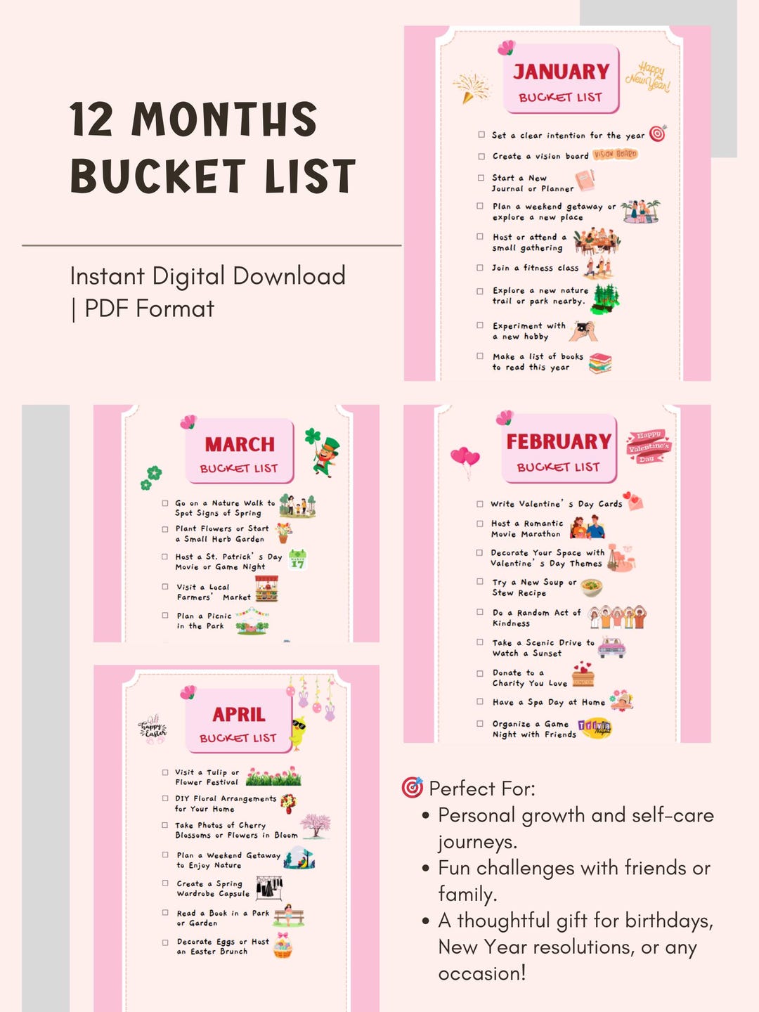 Printable Yearly Activities | 12 Months Bucket List | Christmas Gift ...