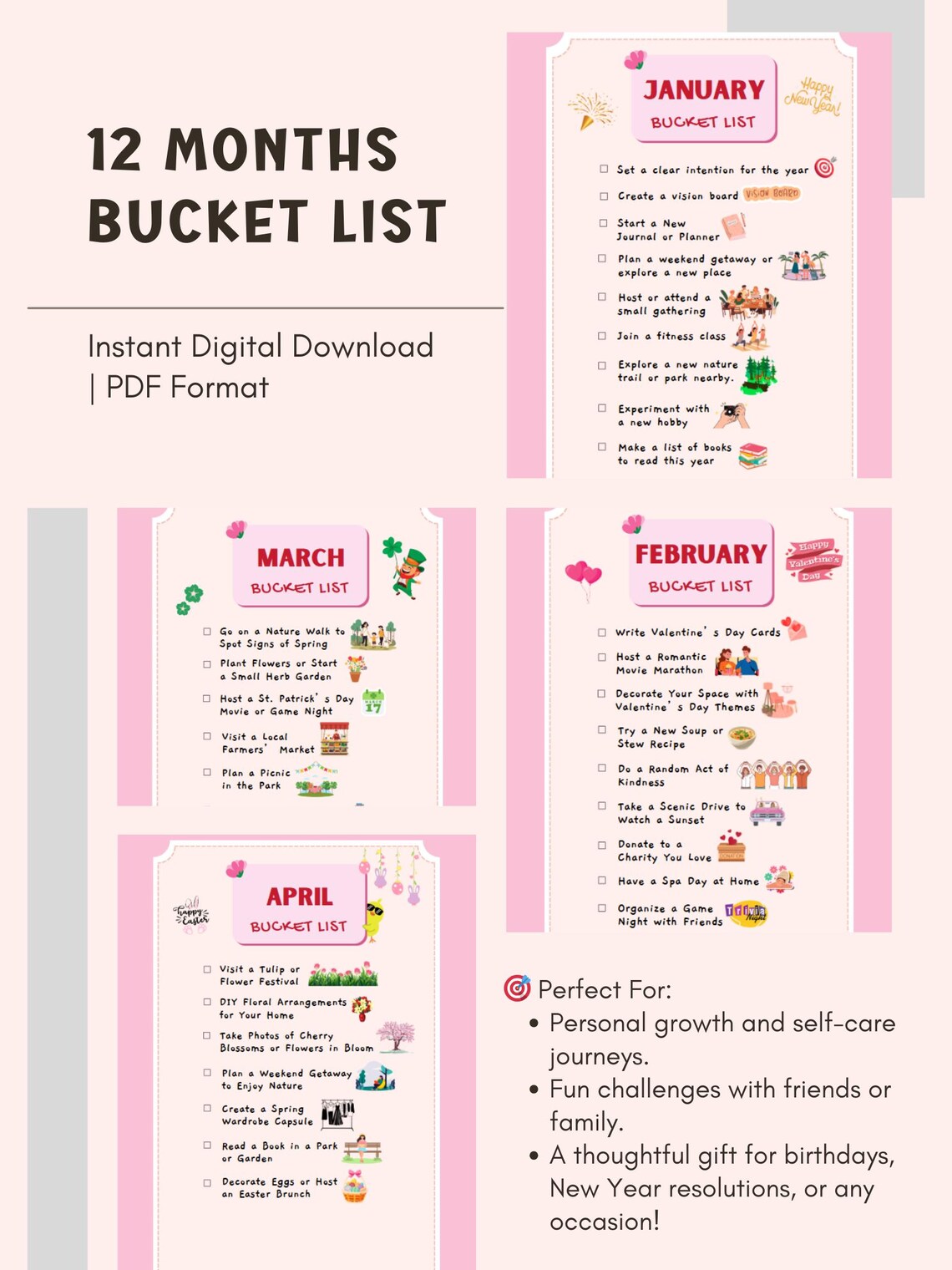 Printable Yearly Activities | 12 Months Bucket List | Christmas Gift ...
