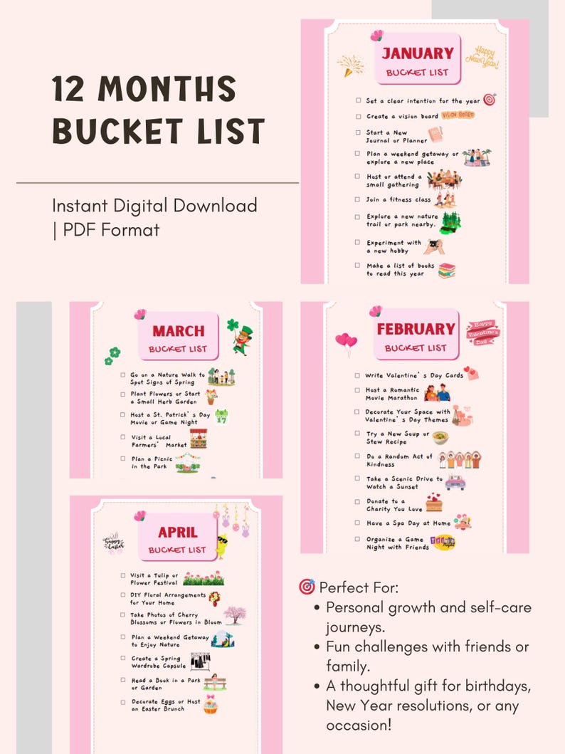 Printable Yearly Activities | 12 Months Bucket List | Christmas Gift ...