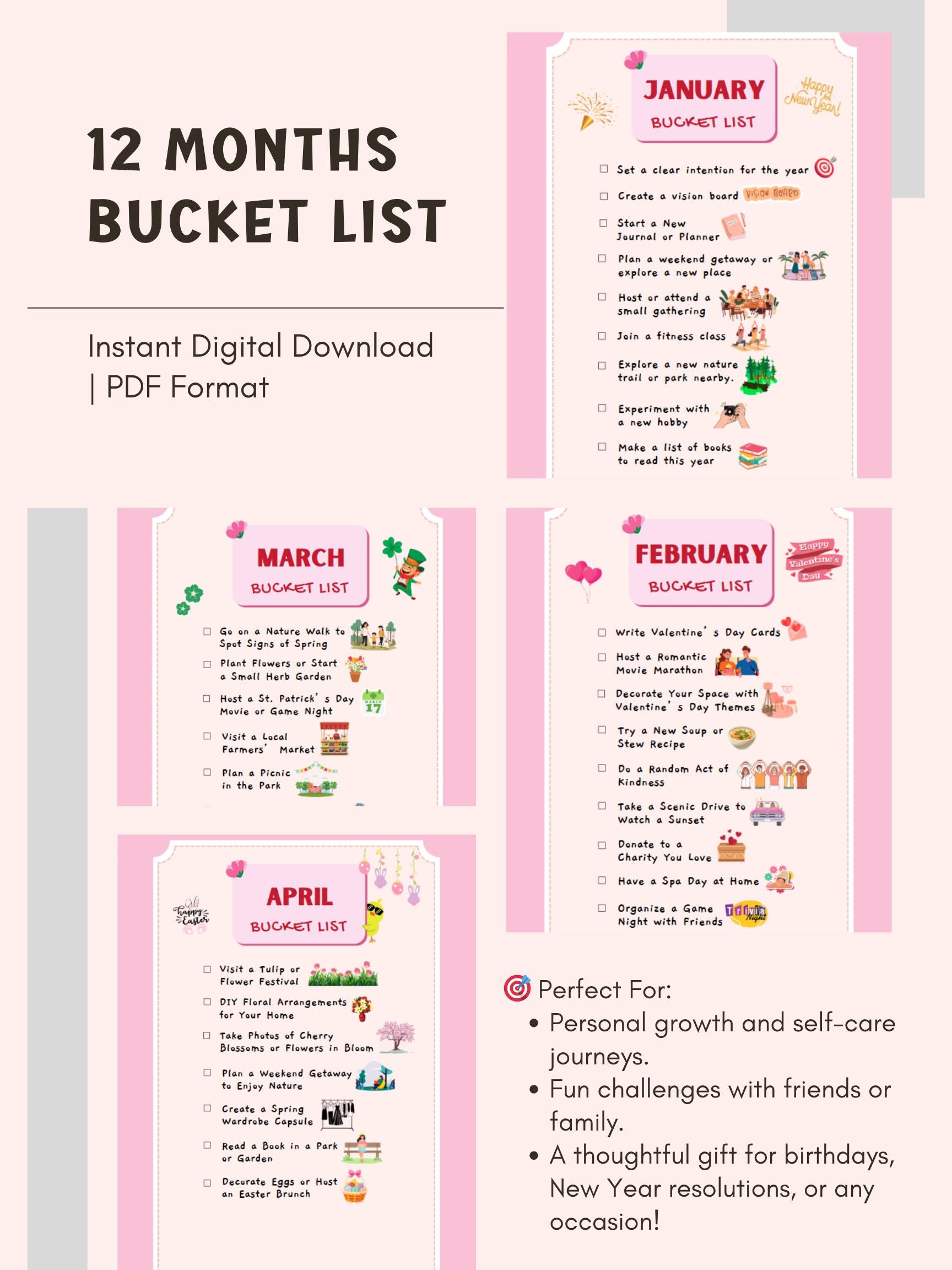 Printable Yearly Activities | 12 Months Bucket List | Christmas Gift ...