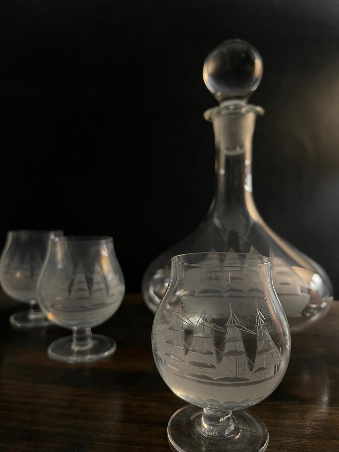 Vintage Clear Etched Glass Sailing Ship Decanter With Etched 5 Sniffers ...