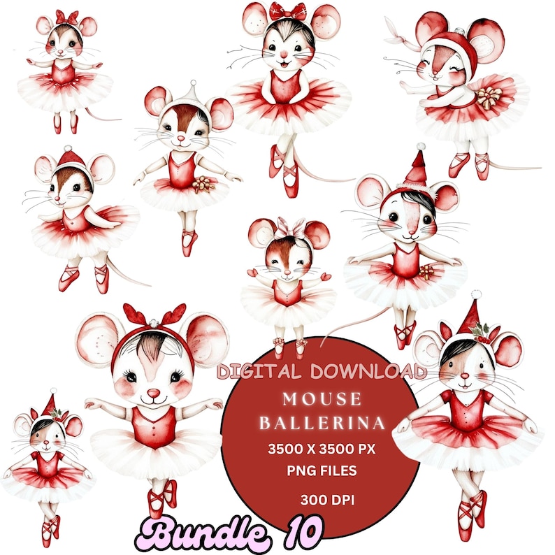 Watercolor Mouse Ballerina Clipart, Xmas PNG Bundle (digital Download ...