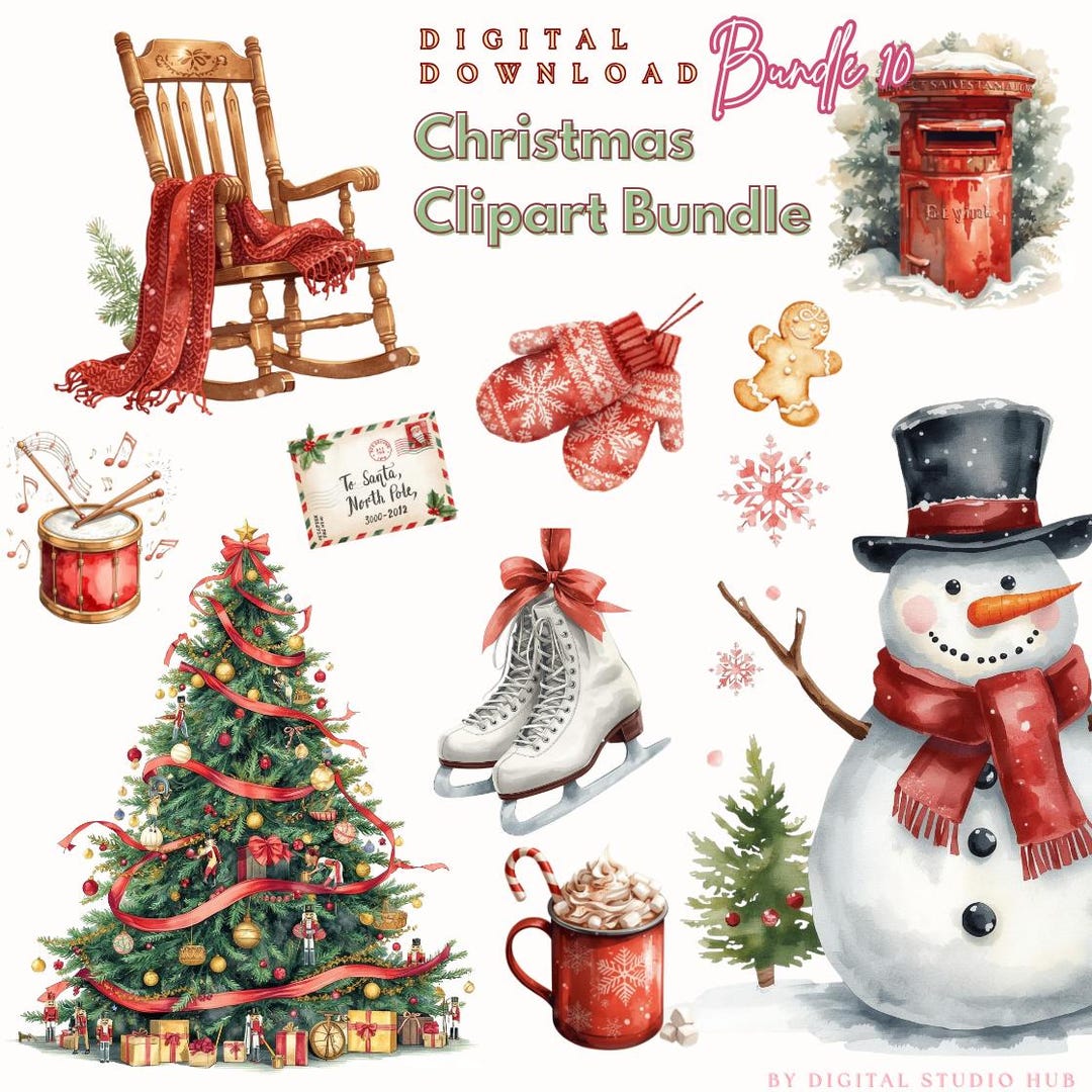 Watercolor Christmas Clipart Bundle | Festive Winter PNG (digital ...