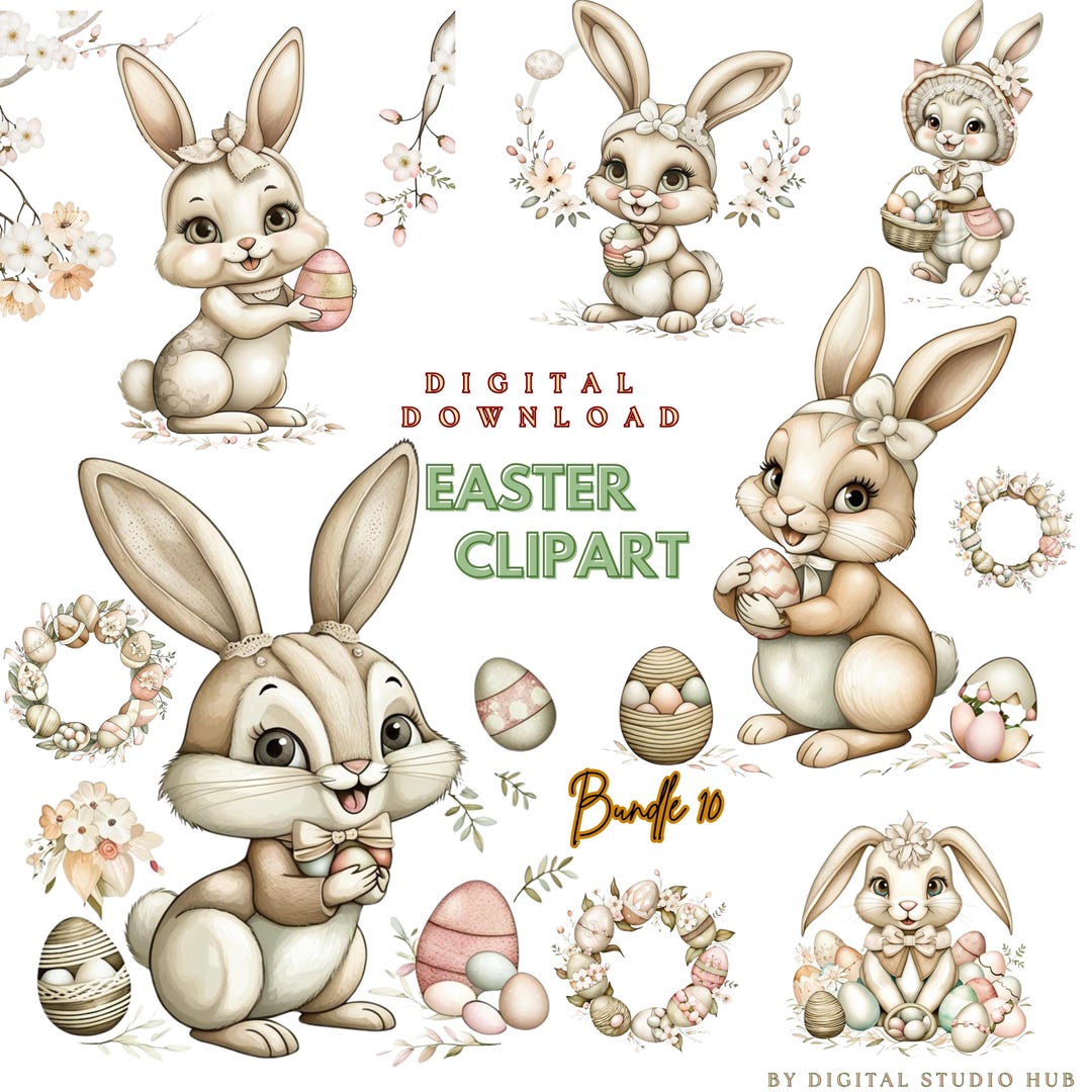 Pastel Easter Bunny Clipart – Spring PNG Illustrations (digital ...