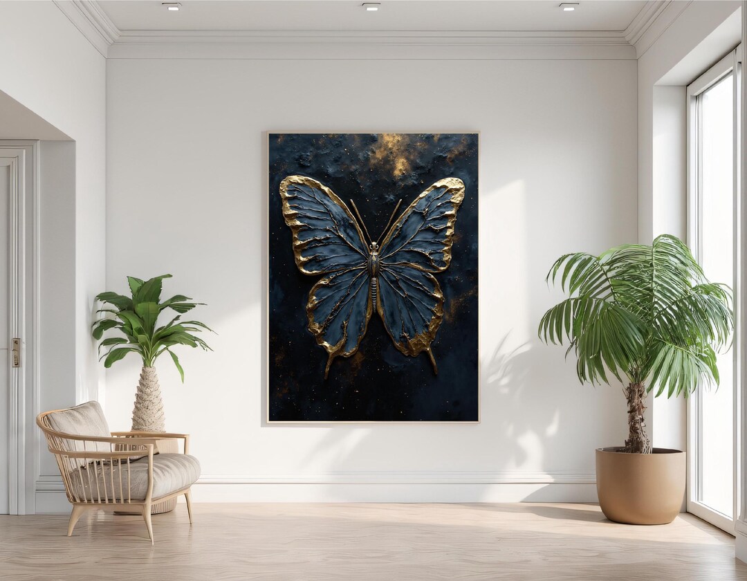 Gold Blue Butterfly Digital Print, Abstract Butterfly, Butterfly Wall ...