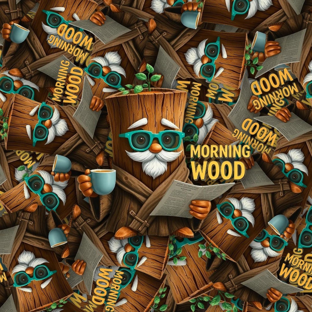 Funny Morning Wood Sticker | Cute Tree Trunk Drinking Coffee Decal ...