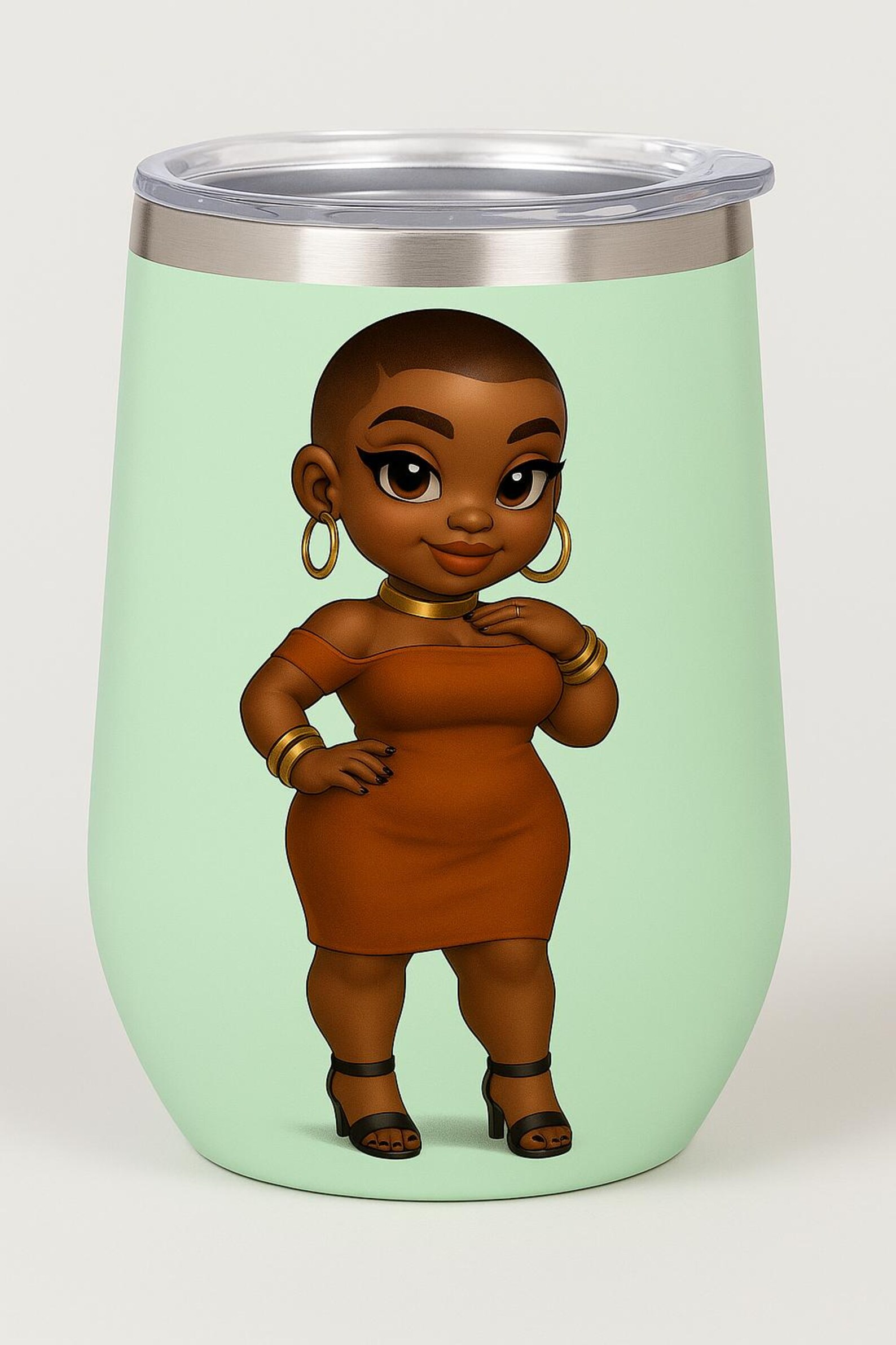 Chibi Black Woman Art Print: Burnt Orange Dress, Curvy Glam (digital ...