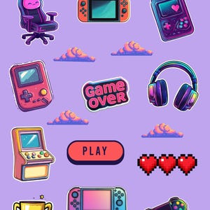Gaming Sticker Sheet - Retro Arcade, Game Controllers, Pixel Art Hearts ...