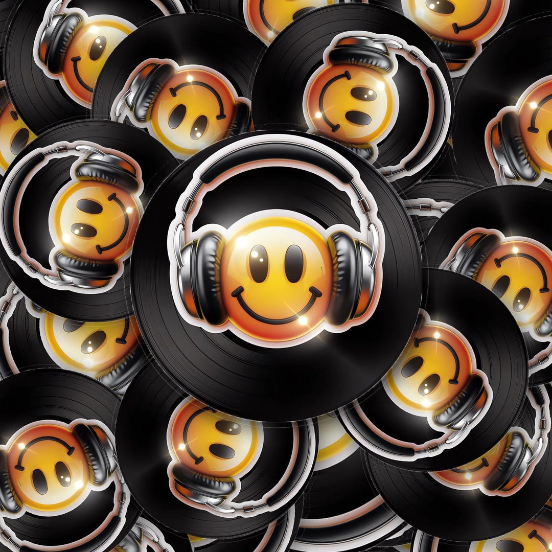 90s Retro Smiley Face Music Sticker: Headphones & Record Decal - Etsy