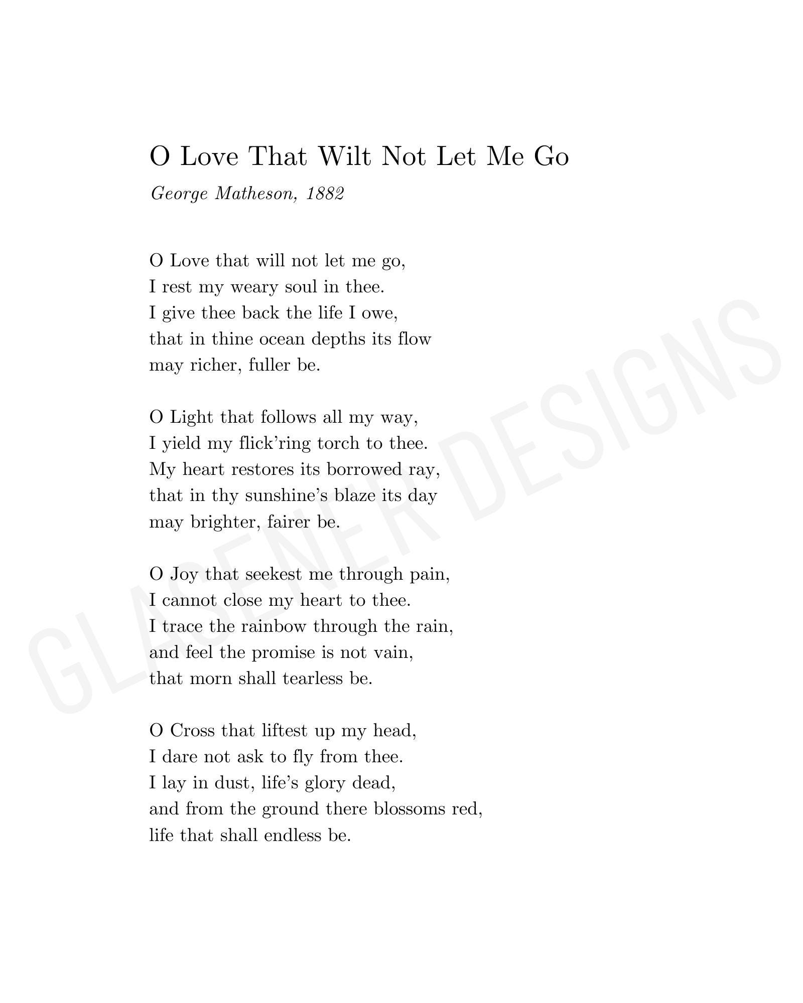 O Love That Wilt Not Let Me Go Hymn Digital Print Black and White Text ...