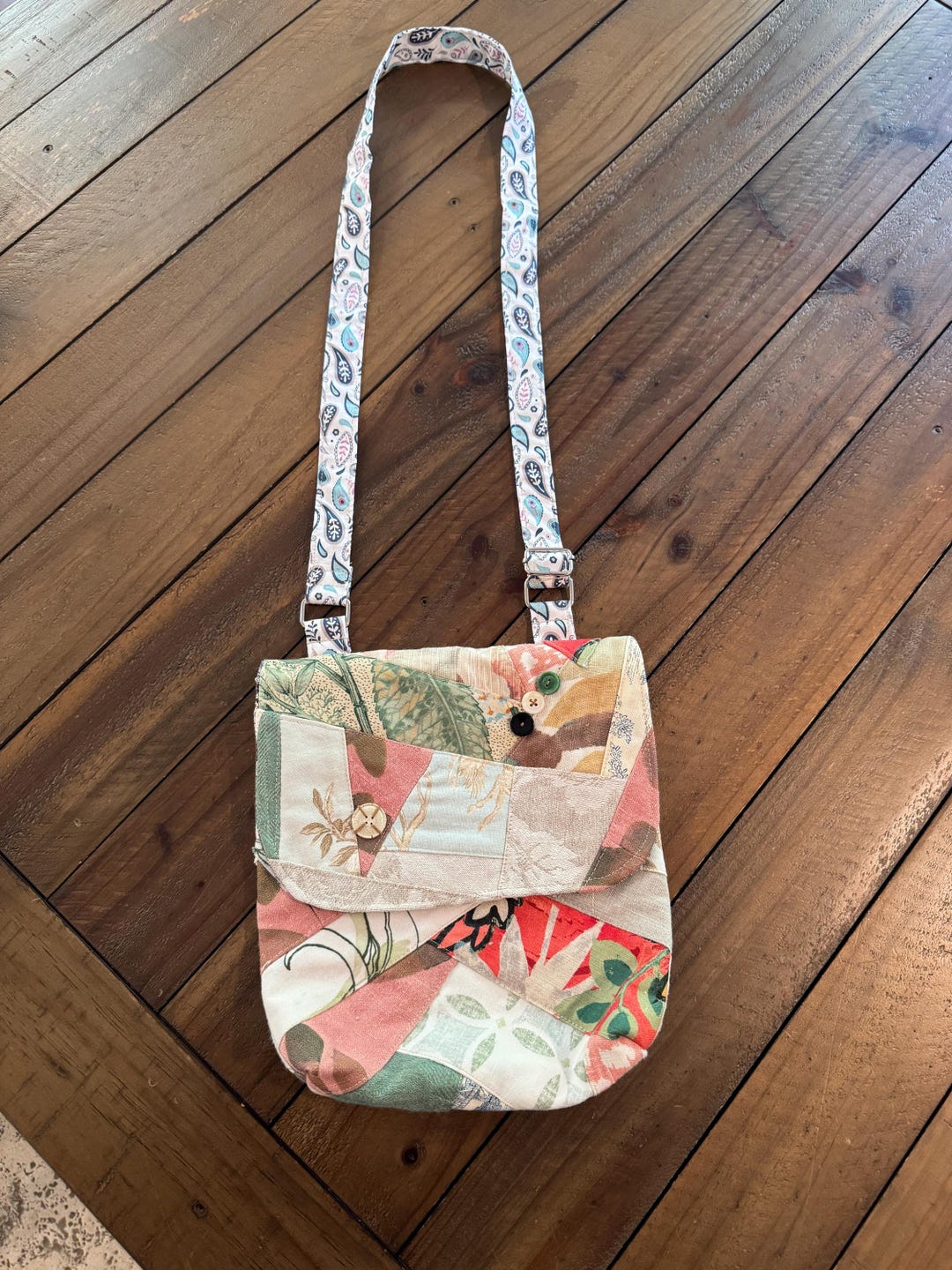 Upcycled Cream Patchwork Crossbody Bag – Vintage Button Accent, Eco ...