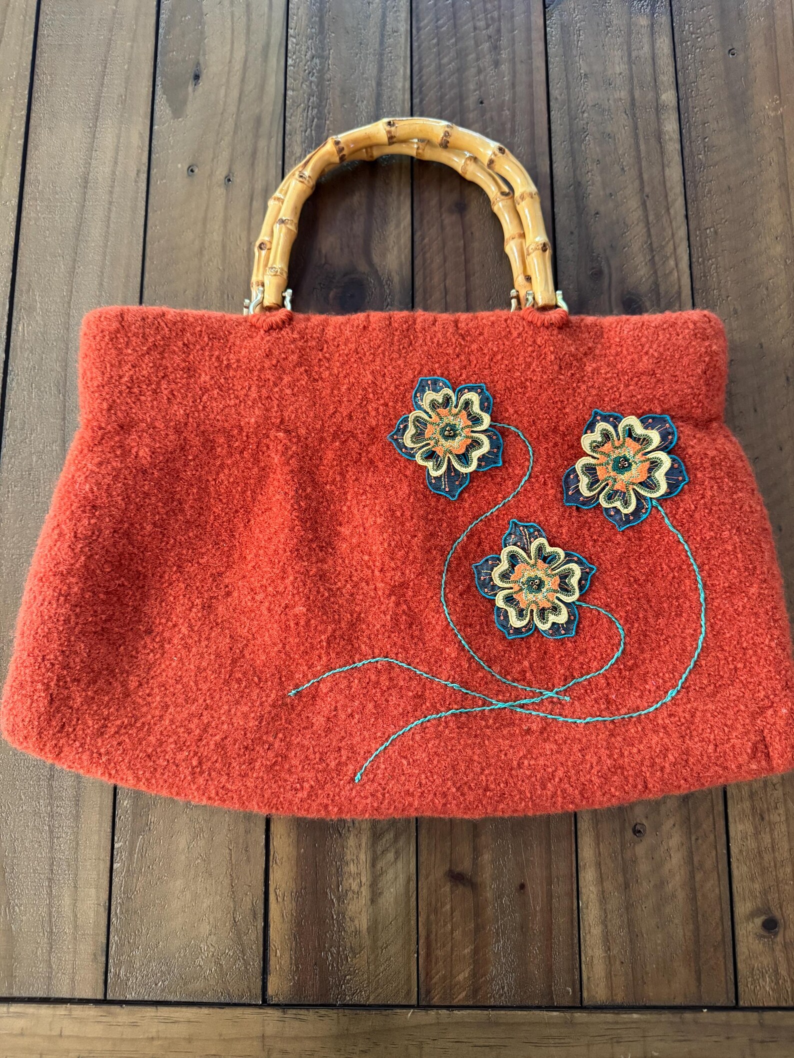 Handcrafted Orange Hand Felted Bag With Bamboo Handles & Whimsical ...