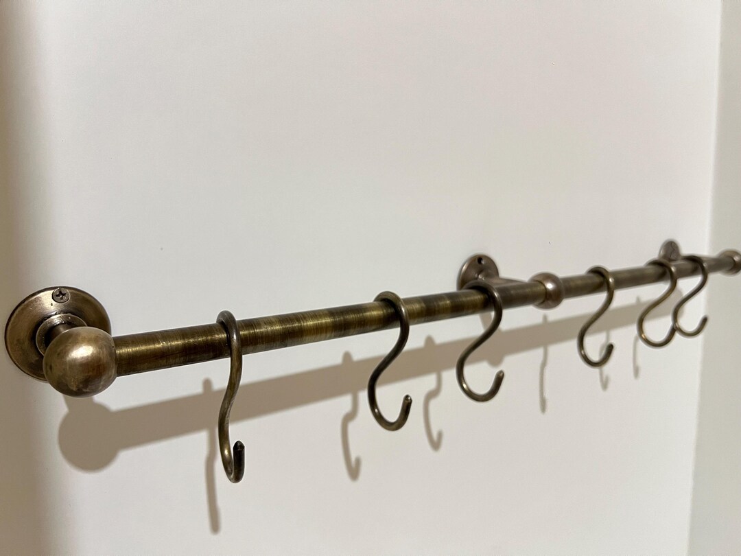 Unlacquered Bronze Pot Rail With S Hooks, Antique Style Handmade Aged ...