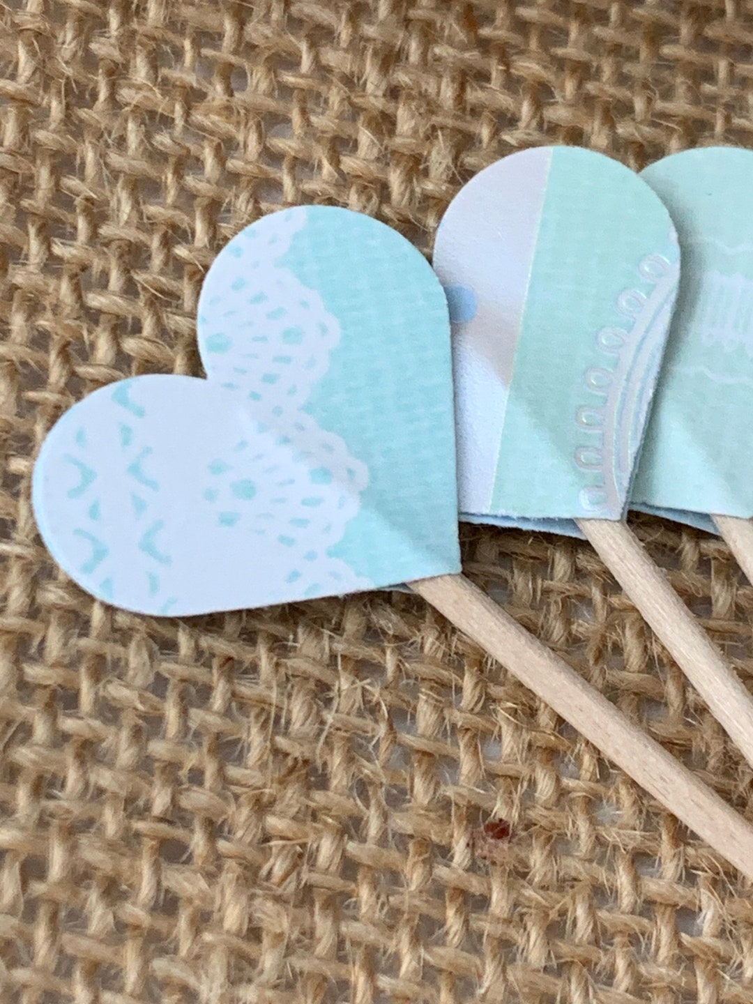 Mint Lace Heart Cupcake Toppers Appetizer Picks, Shabby Chic, Vintage ...